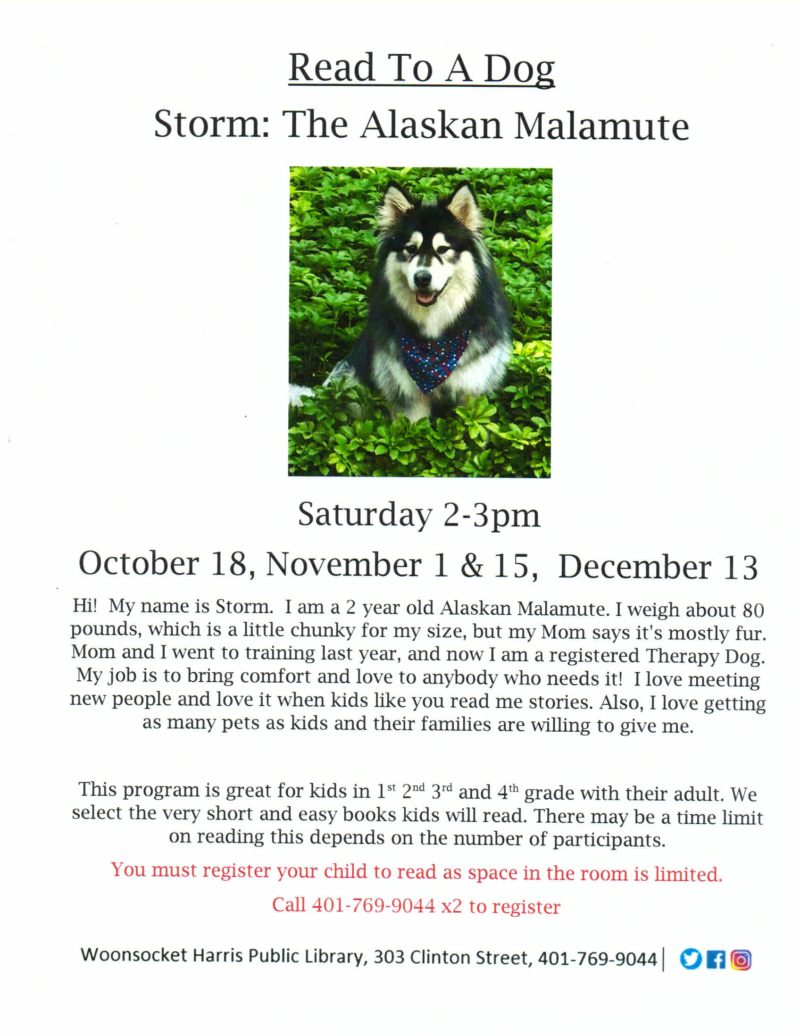 2p Read to a Dog: Storm the Alaskan Malamute – Woonsocket Harris Public ...